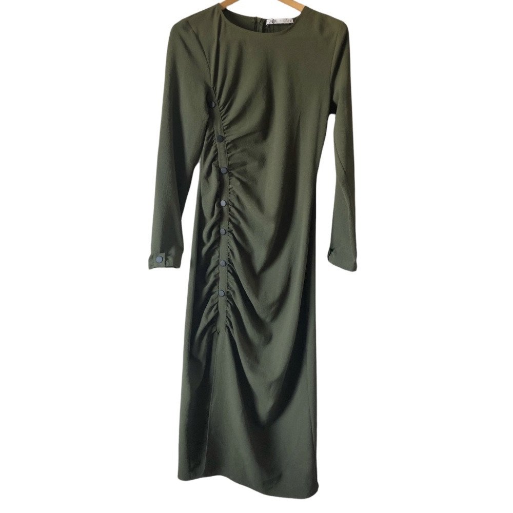 Zara Side Ruched Long Sleeve Midi Dress Olive Green B… - Gem